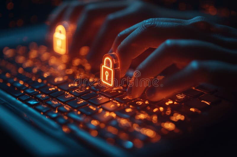 Hands Typing on a Keyboard with Glowing Security Locks, Symbolizing ...