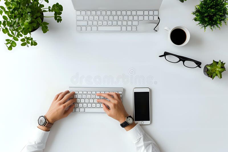 Hands Typing on Keyboard: a Productive Workspace with Plants and Coffee ...