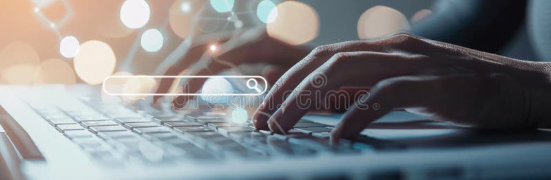 Hands Typing on Keyboard with Search Engine Interface - Technology and ...