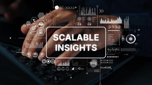 Hands Typing on Keyboard Surrounded by Data Visualizations and Metrics Representing Scalable ...