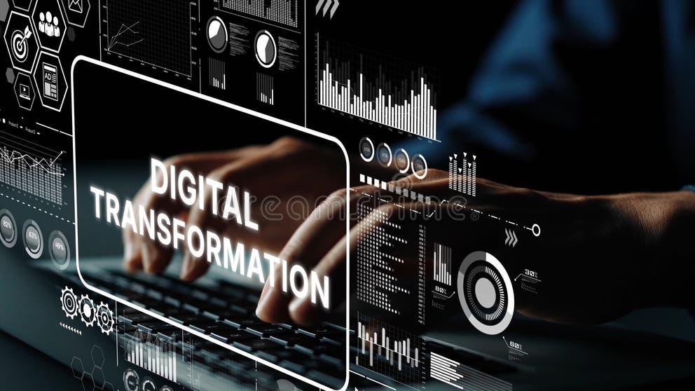 Hands Typing On Keyboard Surrounded By Digital Graphics And Data Visualizations Representing