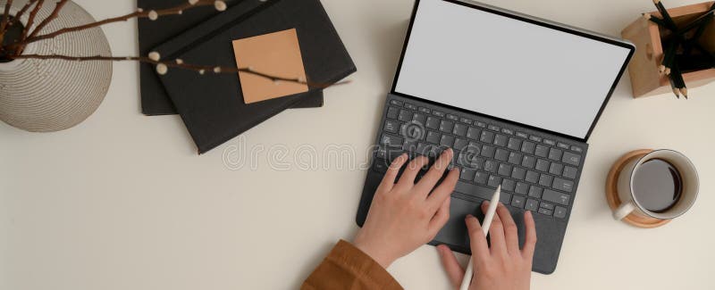 Hands Typing Keyboard Tablet on White Table with Notebook, Notepad ...