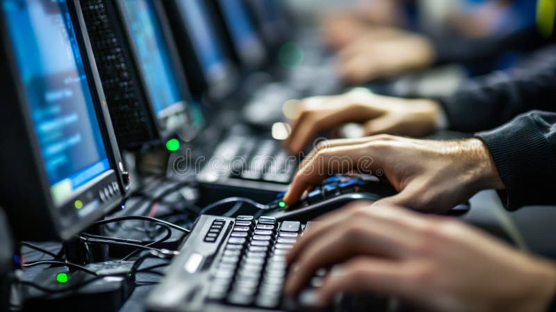 Hands Typing on a Keyboard and Using a Mouse at a Busy Training Center ...
