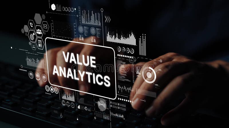 Hands Typing on a Keyboard with Value Analytics Displayed in a Digital Interface for Business ...