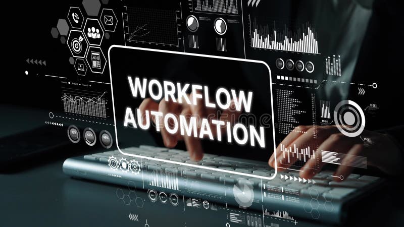 Hands Typing on Keyboard with Workflow Automation Concept Displayed As Visual Data Analysis ...