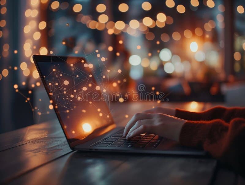 Hands Typing on Laptop with Abstract Network Overlay Stock Photo ...