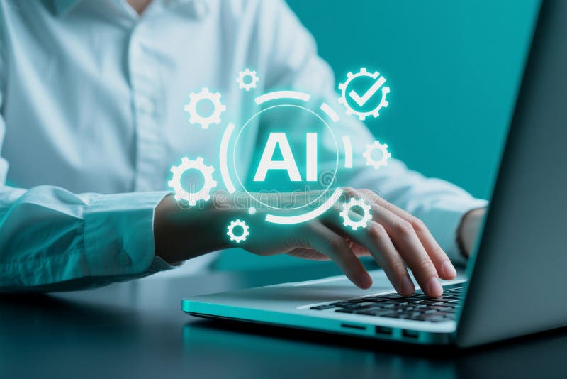 Hands Typing on Laptop with AI and Cloud Computing Concepts Visualized ...