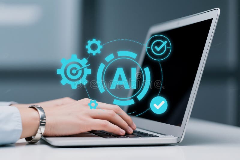 Hands Typing on Laptop with AI and Cloud Computing Concepts Visualized ...