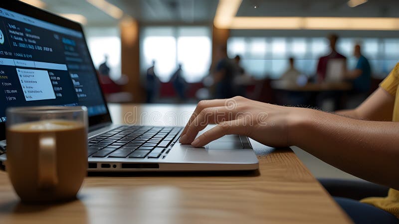 Hands Typing on a Laptop in an Airport Lounge Stock Illustration ...