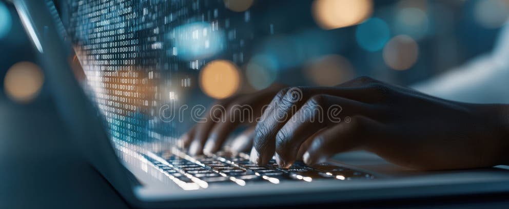 The Hands Typing on a Laptop Amidst Digital Coding and Binary Displays ...