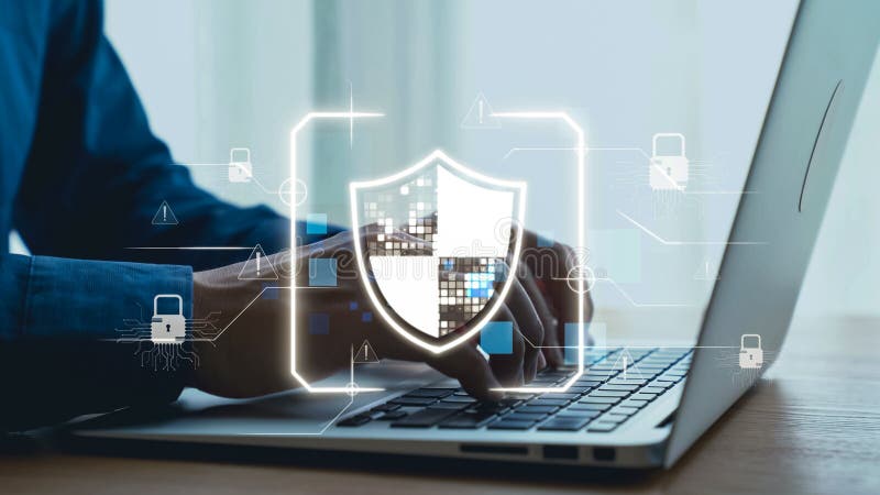 Hands Typing on Laptop with Animated Security Shield Graphic ...
