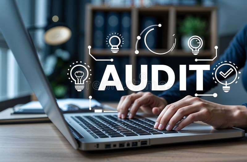 Hands Typing on Laptop with Audit Word and Conceptual Lightbulb ...