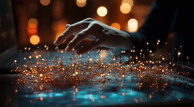 Hands Typing on a Laptop with Blue Dots on an Screen. Geometric ...