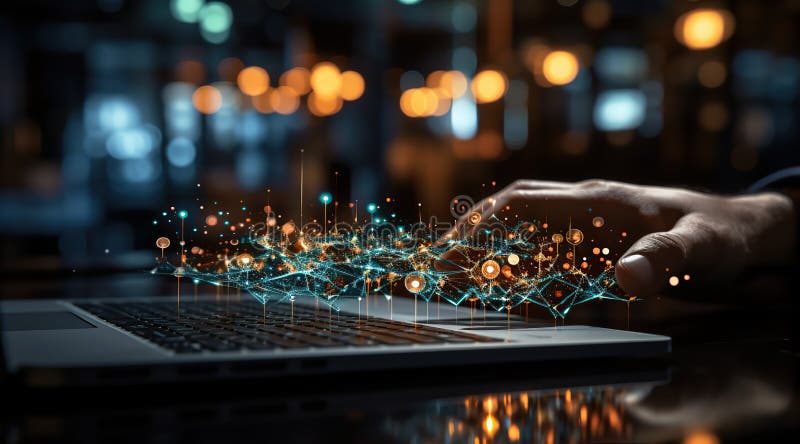 Hands Typing on a Laptop with Blue Dots on an Screen. Geometric ...