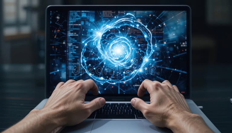 Hands Typing Laptop Blue Glowing Digital Screen Abstract Data ...