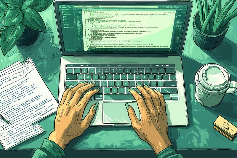 Hands Typing on a Laptop in a Bright Workstation Environment Stock ...