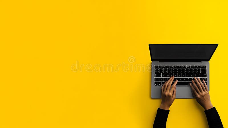 Hands Typing on Laptop with Bright Yellow Background Symbolizing ...