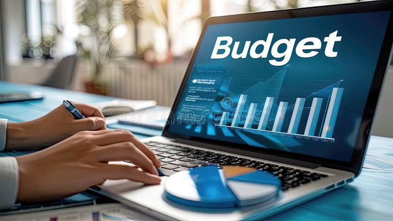 Hands Typing on Laptop with Budget Graph on Screen. Stock Illustration ...