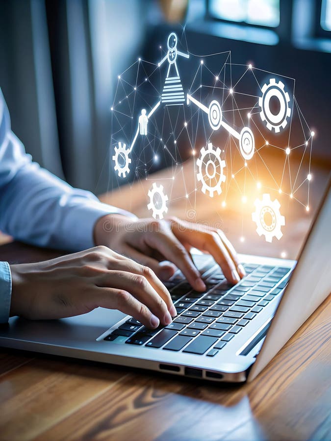 Hands Typing on Laptop with Chart Features Interconnected Gears, Human ...