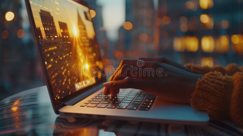A Laptop and City Skyline. AI Generated Stock Image - Image of ...