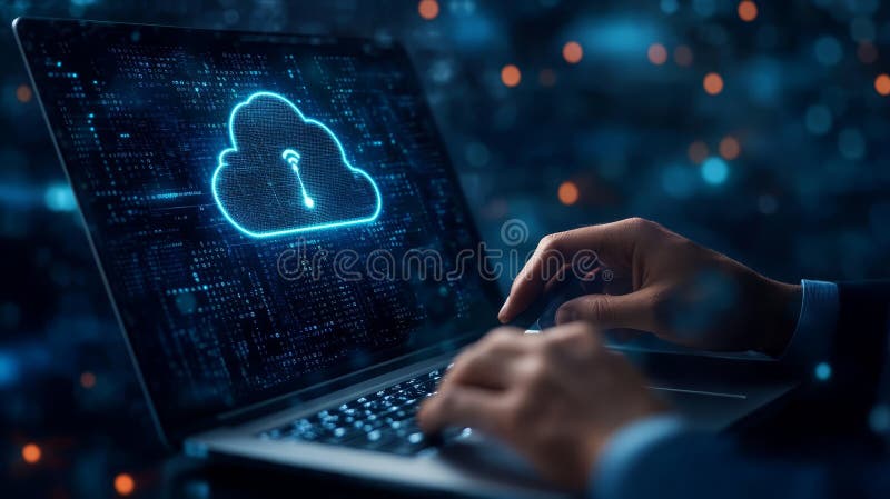 Hands Typing on Laptop with Cloud Security Icon Stock Illustration - Illustration of services ...