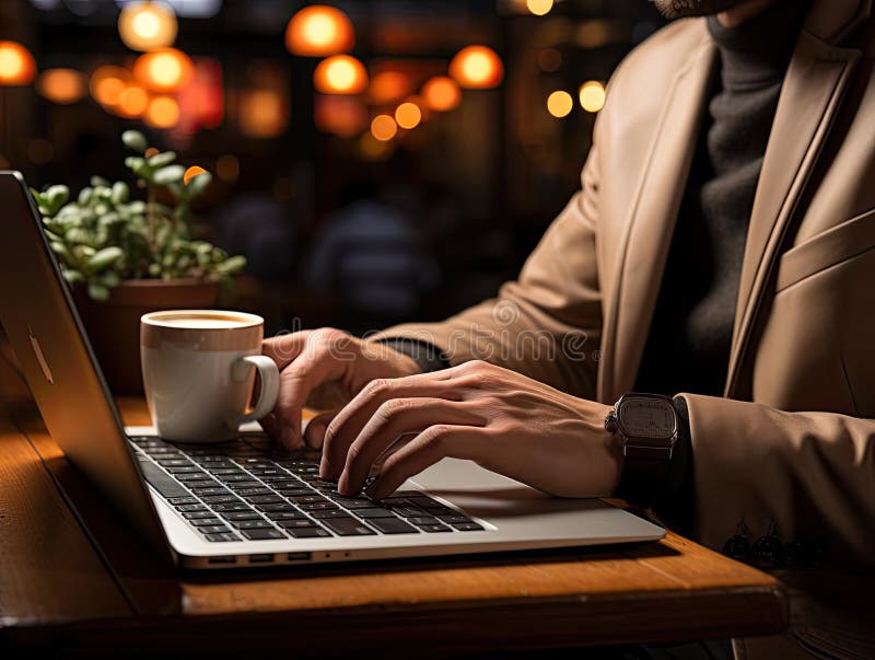 Hands Typing on Laptop with Coffee Cup in Background Stock Illustration ...