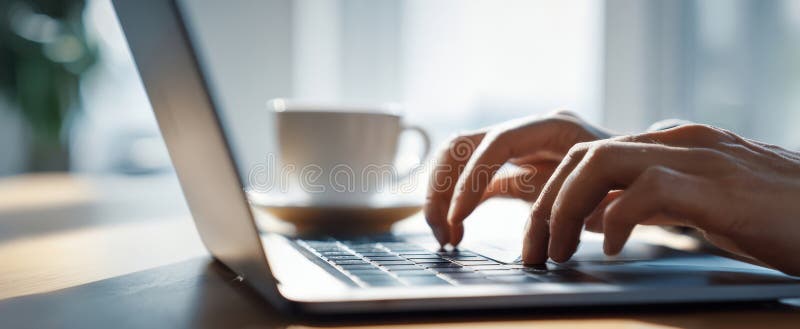 The Hands Typing on a Laptop beside a Coffee Cup in a Modern Workspace ...
