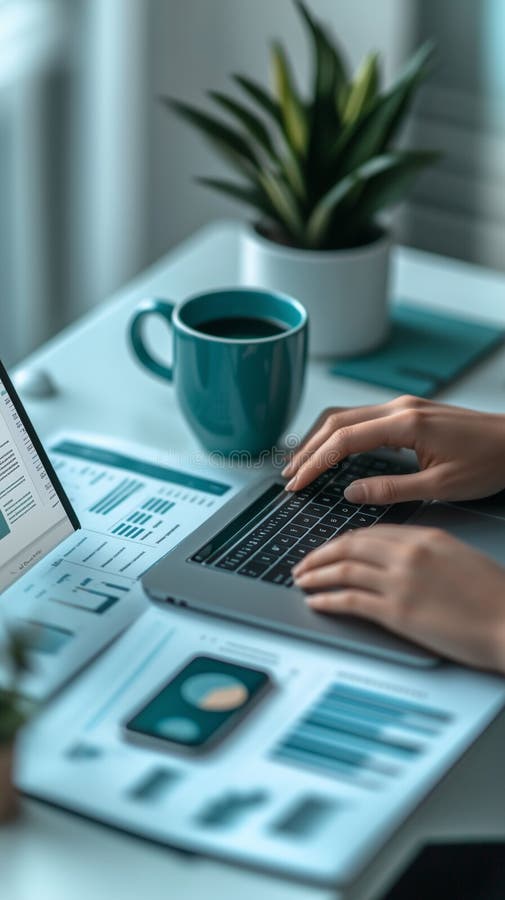 Hands Typing on Laptop with Coffee and Documents on a White Desk Top ...