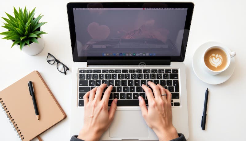 Hands Typing on Laptop with Coffee and Notebook on Table Stock Photo ...
