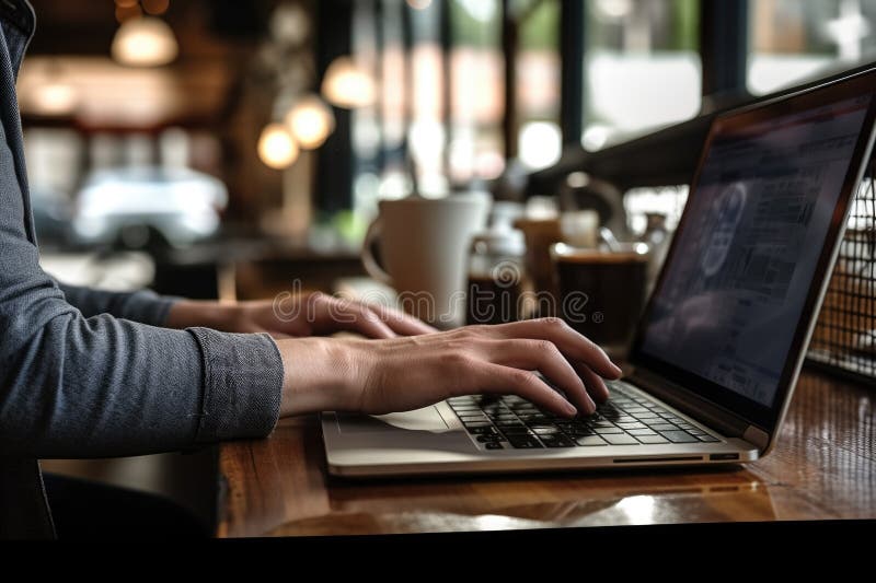 Hands Typing on a Laptop at Coffee Shop Counter Stock Image - Image of ...