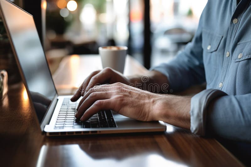 Hands Typing on a Laptop at Coffee Shop Counter Stock Photo - Image of ...