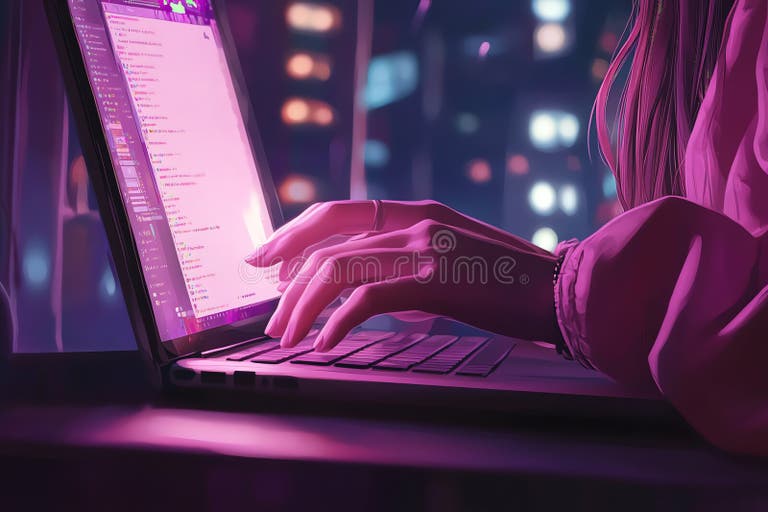 Hands Typing on a Laptop in a Colorful Urban Setting Showcasing AI ...