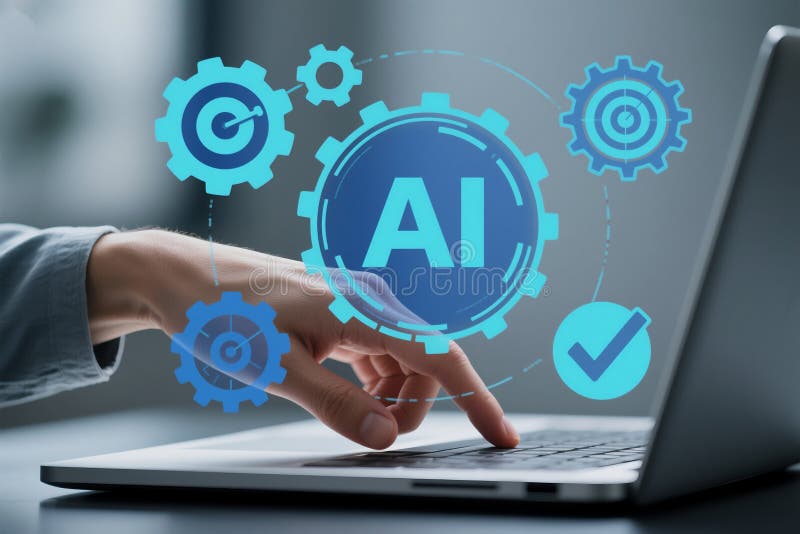 Hands Typing on Laptop with AI and Cloud Computing Concepts Visualized ...