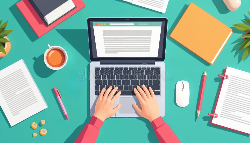 Hands Typing on Laptop. Content Writer Works. Workplace with Books, Tea ...