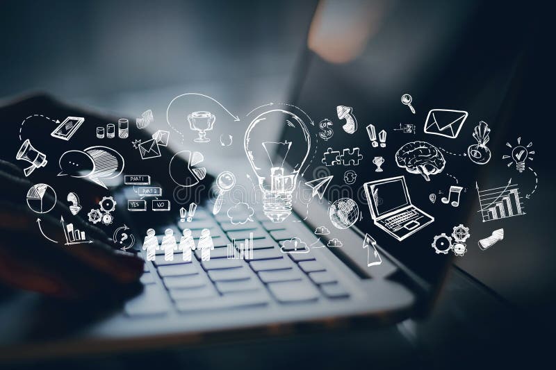 Hands Typing on a Laptop with Creative Doodle Graphics Representing ...