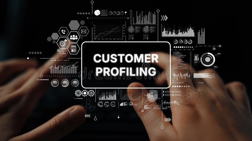 Hands Typing on Laptop with Customer Profiling Graphics, Data Analysis ...