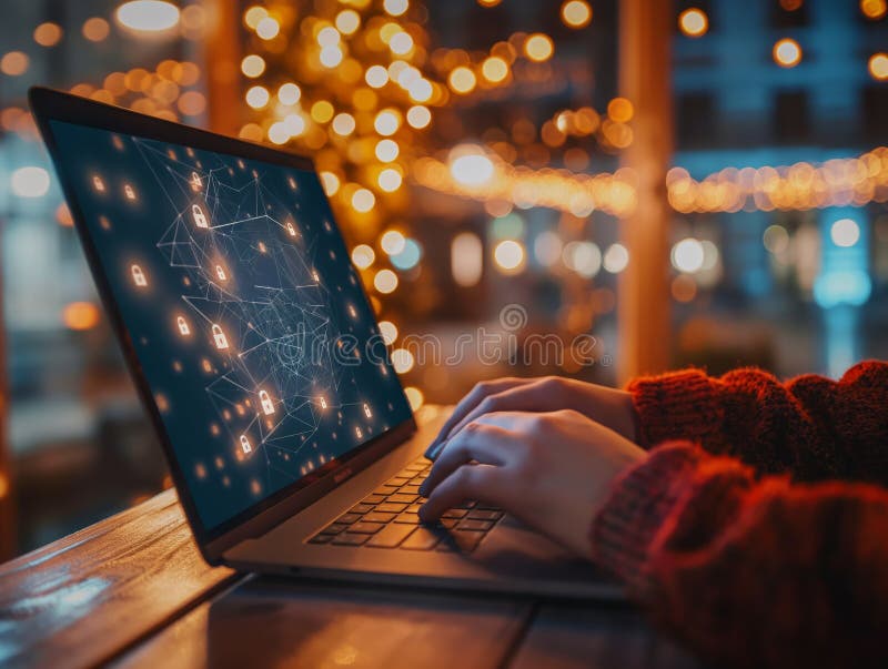 Hands Typing on Laptop with Cybersecurity Interface Stock Photo - Image ...