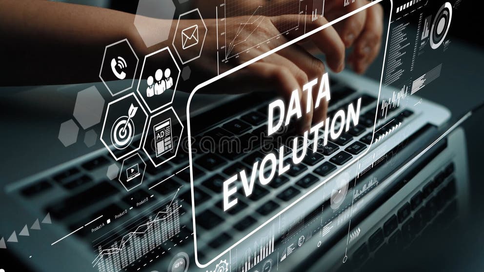 Hands Typing on Laptop with Data Evolution Graphics and Digital ...