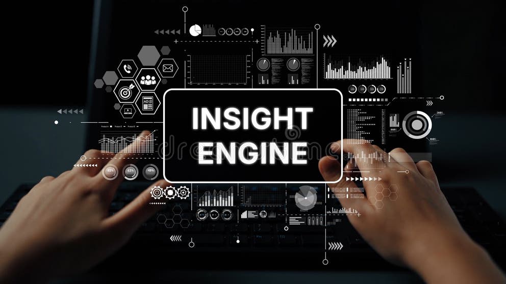 Hands Typing on Laptop with Data Metrics and Insight Engine ...