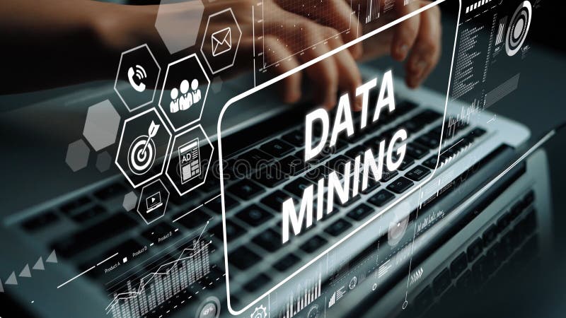 Hands Typing on Laptop with Data Mining Concept and Graphical User Interface Displayed on Screen ...