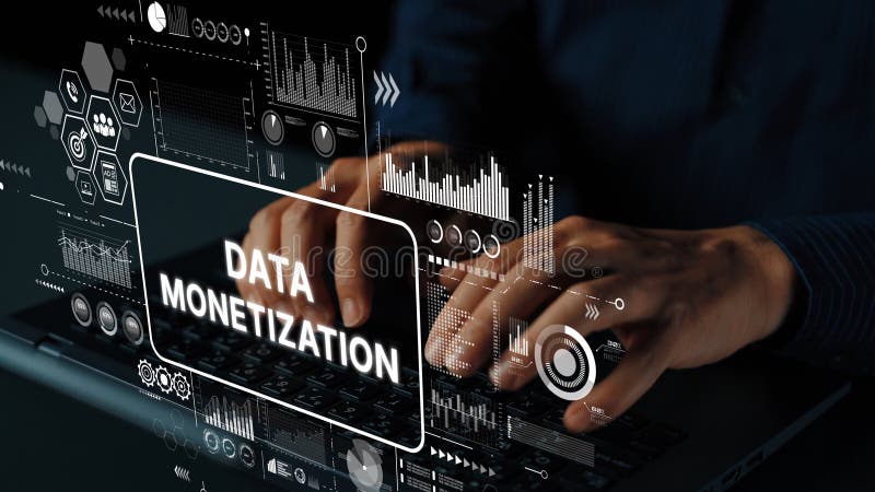 Hands Typing on Laptop with Data Monetization Graphics and Digital ...