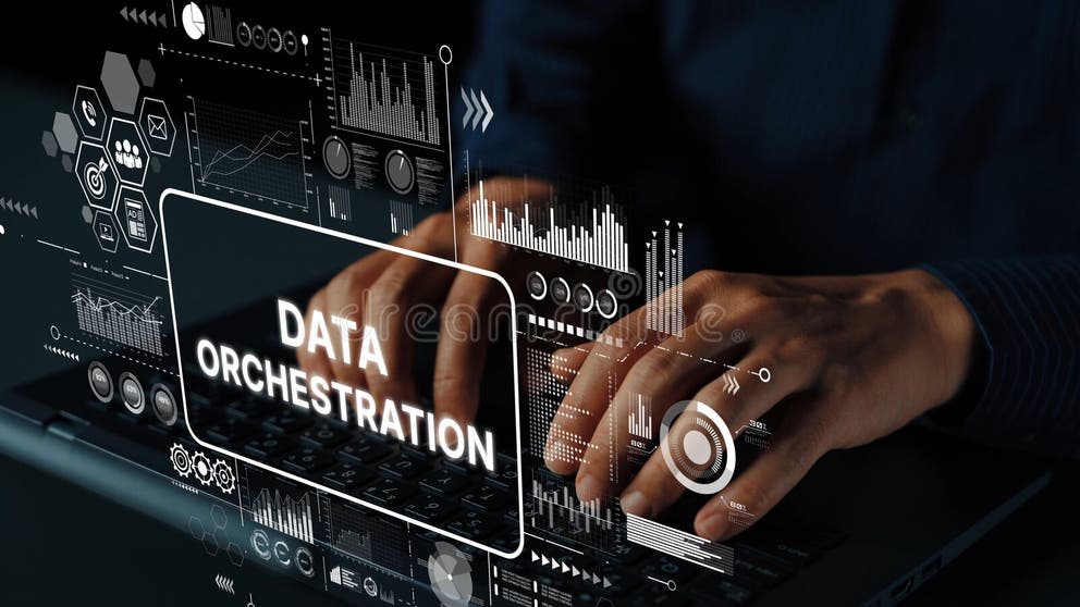 Hands Typing on Laptop with Data Orchestration Concept and Digital ...