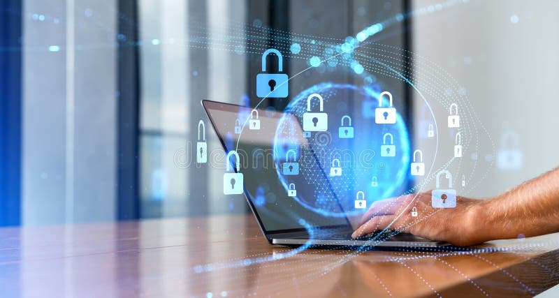 Hands Typing on Laptop, Data Protection Interface Stock Photo - Image ...