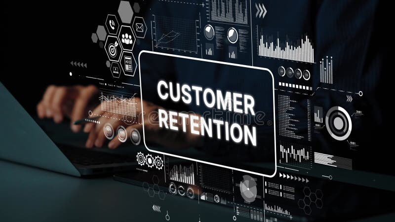 Hands Typing on Laptop with Data Visualization on Customer Retention ...