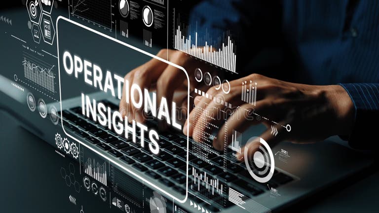 Hands Typing on Laptop with Data Visualization Graphics for Operational Insights and Business ...