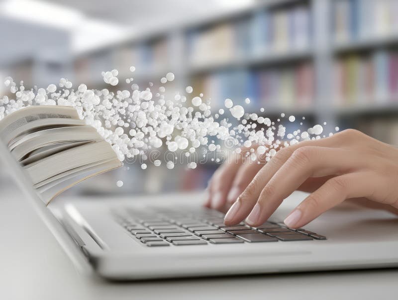 Hands Typing on Laptop with Digital Book Transitioning into Data Stock ...