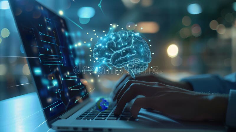 Hands Typing on Laptop with Digital Brain Hologram, Generative AI Stock ...