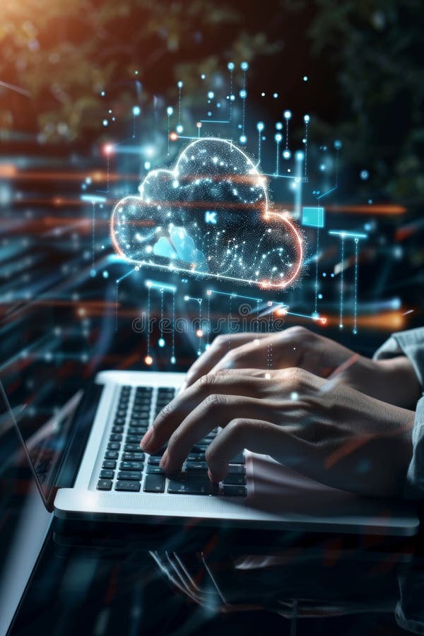 Hands Typing on Laptop with Digital Cloud Icon and Network Interface ...