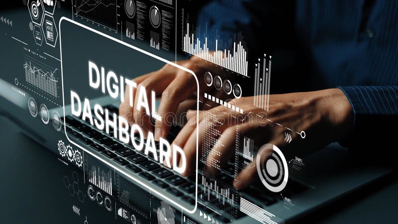 Hands Typing on Laptop with Digital Dashboard and Data Visualization Elements in Modern ...