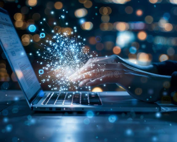 Hands Typing on Laptop with Digital Data Stock Illustration ...